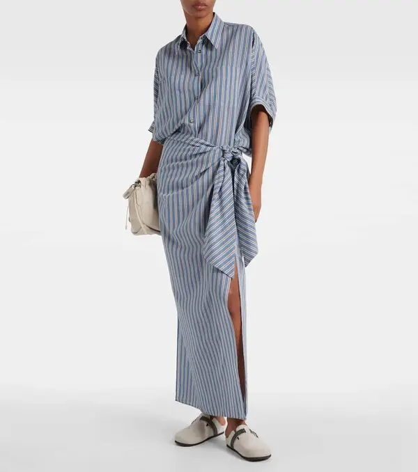 Brunello Cucinelli Striped Cotton And Silk Wrap Maxi Skirt - Blue
