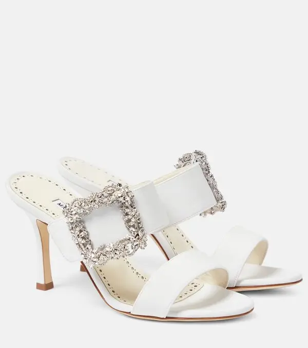 Manolo Blahnik Gable Jewel Crepe De Chine Mules - White