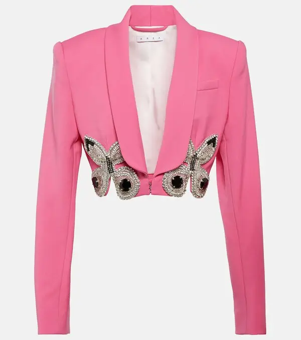 AREA Embellished Cropped Wool Blazer - Pink