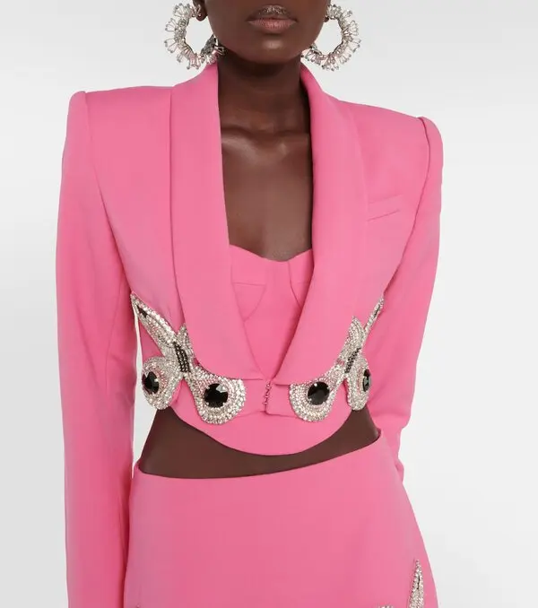 AREA Embellished Cropped Wool Blazer - Pink