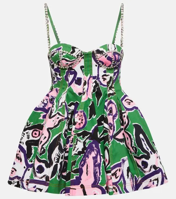 AREA Embellished Printed Denim Minidress