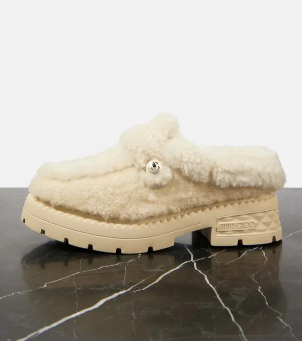 JIMMY CHOO Shea Shearling Platform Mules - White