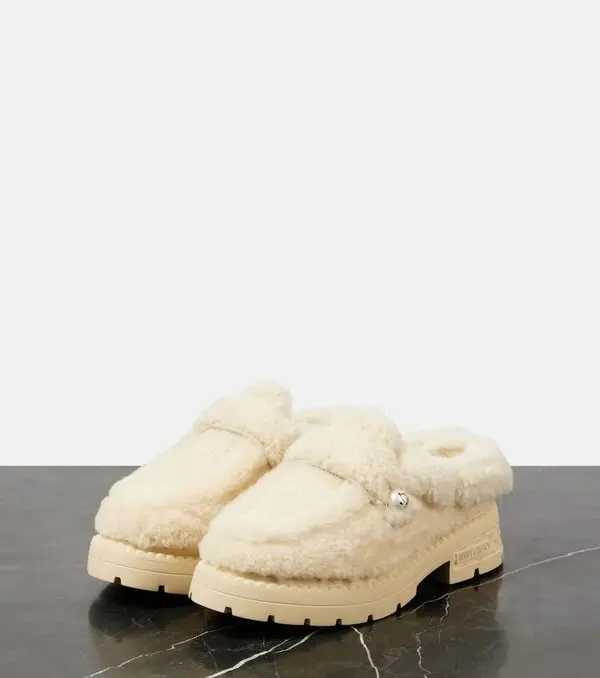 JIMMY CHOO Shea Shearling Platform Mules - White