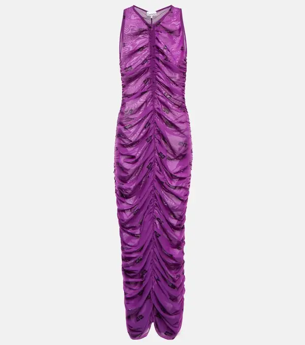 GANNI Printed Ruched Mesh Midi Dress