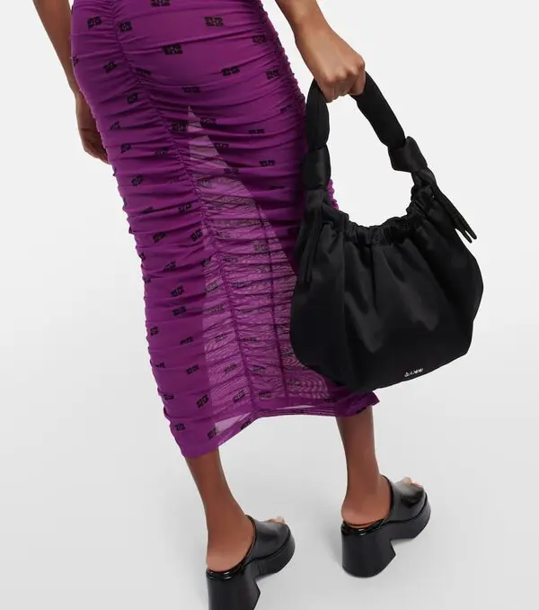 GANNI Printed Ruched Mesh Midi Dress