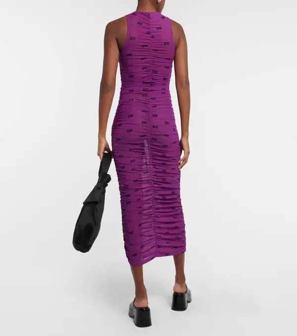 GANNI Printed Ruched Mesh Midi Dress