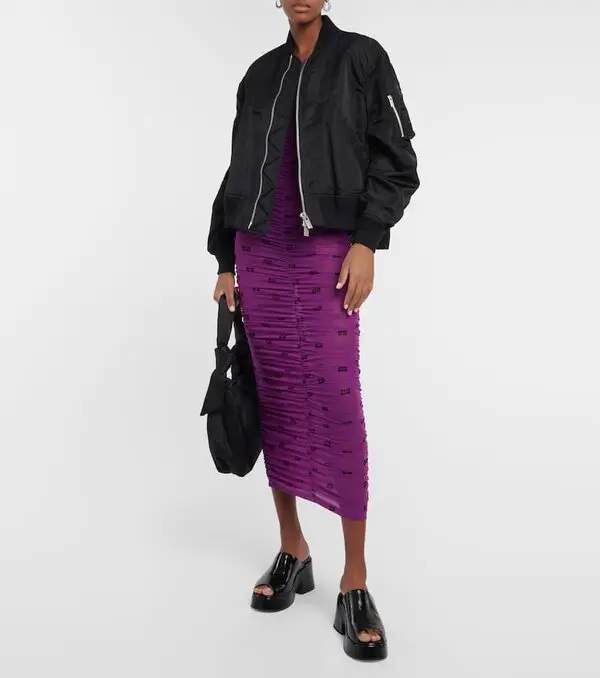 GANNI Printed Ruched Mesh Midi Dress