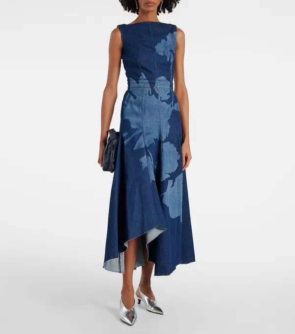 Erdem Floral Printed Denim Midi Dress