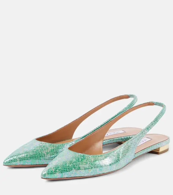 AQUAZZURA Purist Snake-effect Leather Slingback Flats