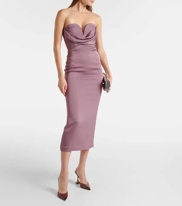 Alex Perry Gathered Strapless Satin Midi Dress