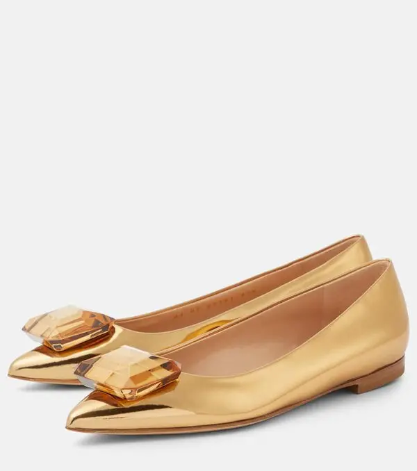 GIANVITO ROSSI Jaipur Embellished Leather Ballet Flats - Gold