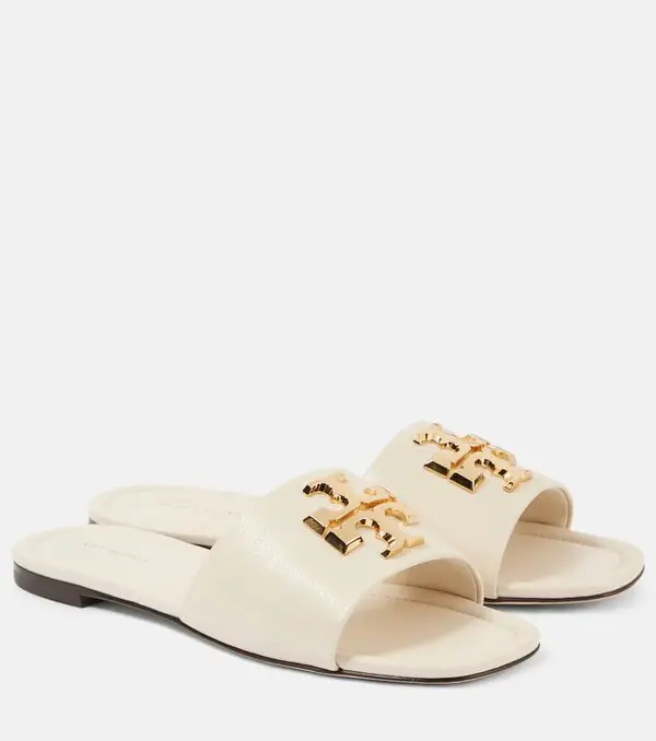 Tory Burch Eleanor T Monogram Leather Slides - White
