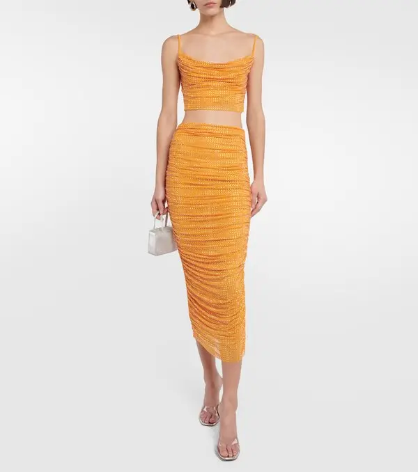 SELF-PORTRAIT Embellished Ruched Midi Skirt