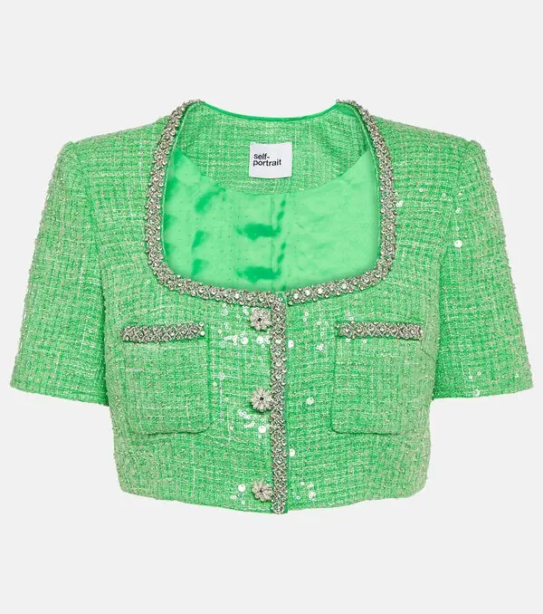 SELF-PORTRAIT Sequined Embellished Boucle Crop Top