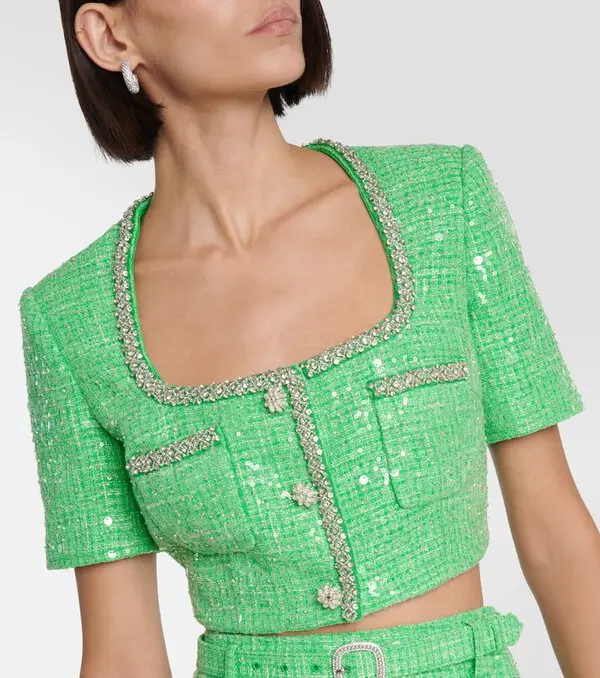 SELF-PORTRAIT Sequined Embellished Boucle Crop Top