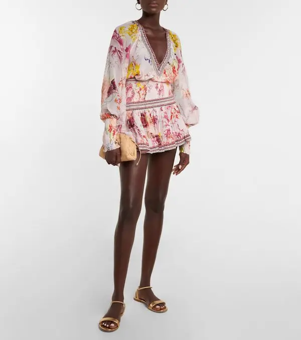 Camilla Smocked Floral Silk Miniskirt