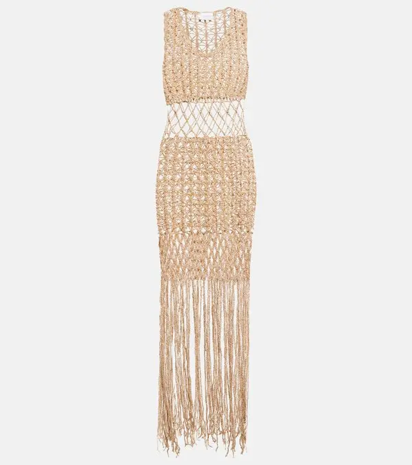 Anna Kosturova Fringe-trimmed Crochet Midi Dress - Gold