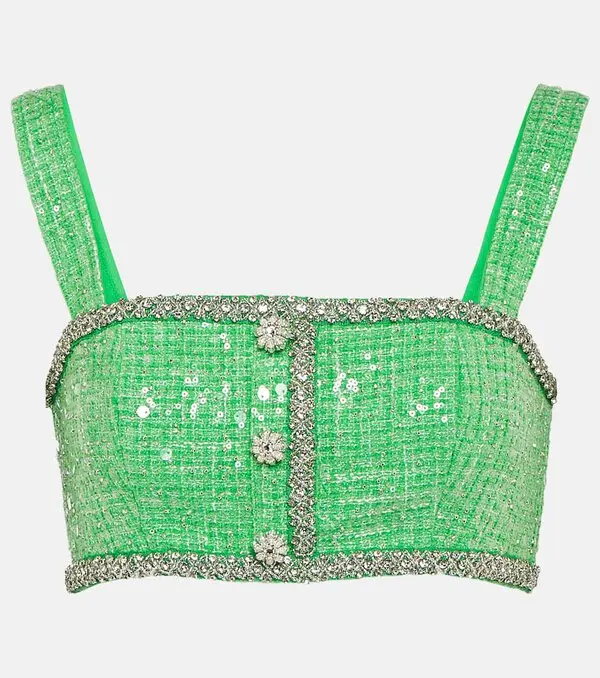 SELF-PORTRAIT Embellished Sequined Bouclé Crop Top - Green
