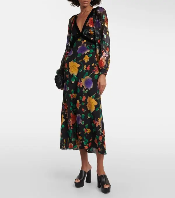 Rixo Floral Silk Midi Dress