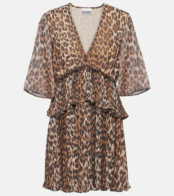 GANNI Leopard-print Georgette Mini Dress
