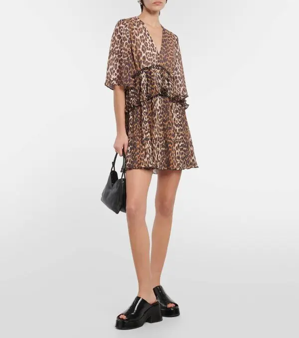 GANNI Leopard-print Georgette Mini Dress