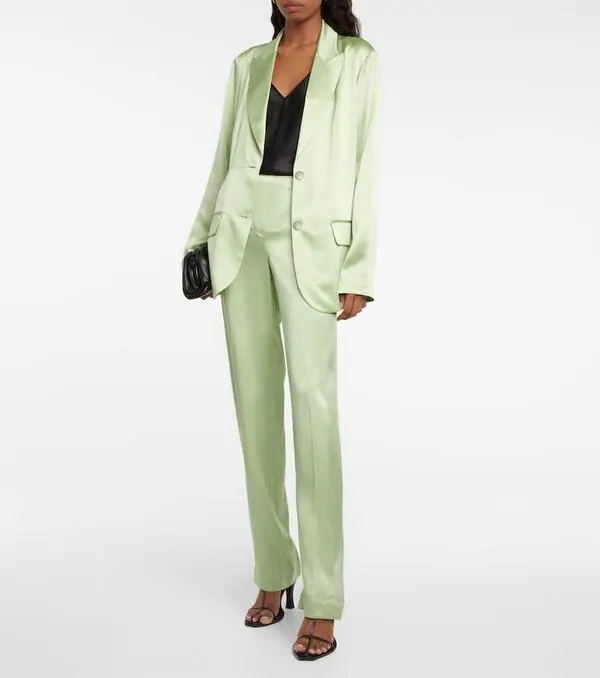 JOSEPH Tova Straight Silk Satin Pants - Green