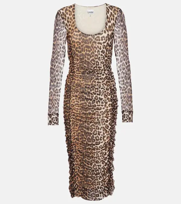 GANNI Leopard-print Ruched Mesh Midi Dress