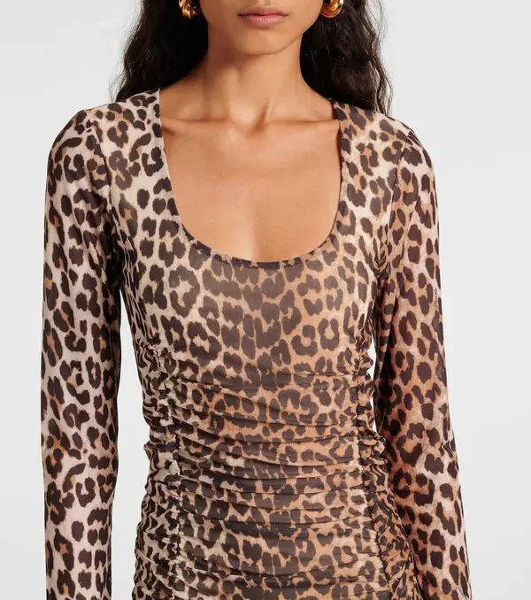 GANNI Leopard-print Ruched Mesh Midi Dress
