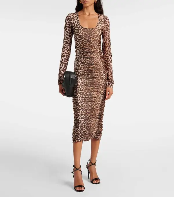 GANNI Leopard-print Ruched Mesh Midi Dress