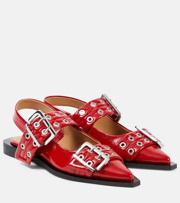 GANNI Faux Leather Slingback Flats - Red
