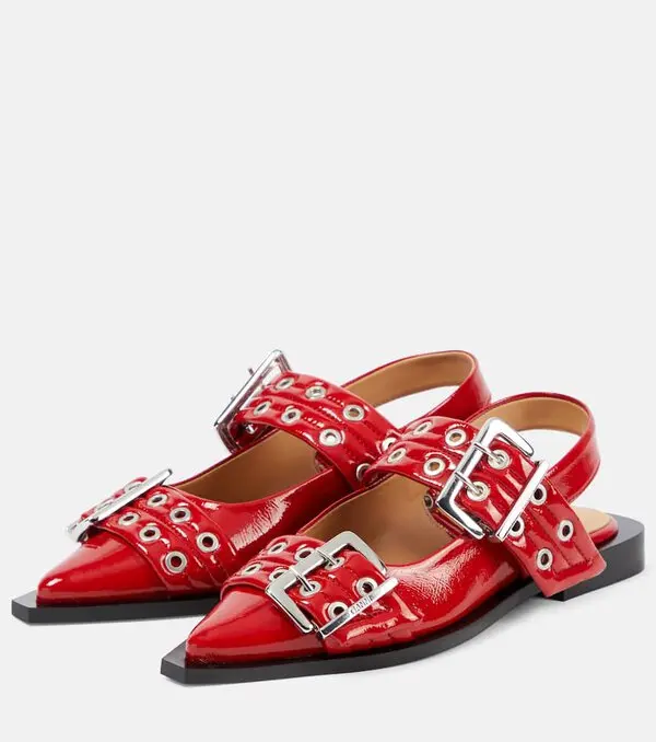 GANNI Faux Leather Slingback Flats - Red