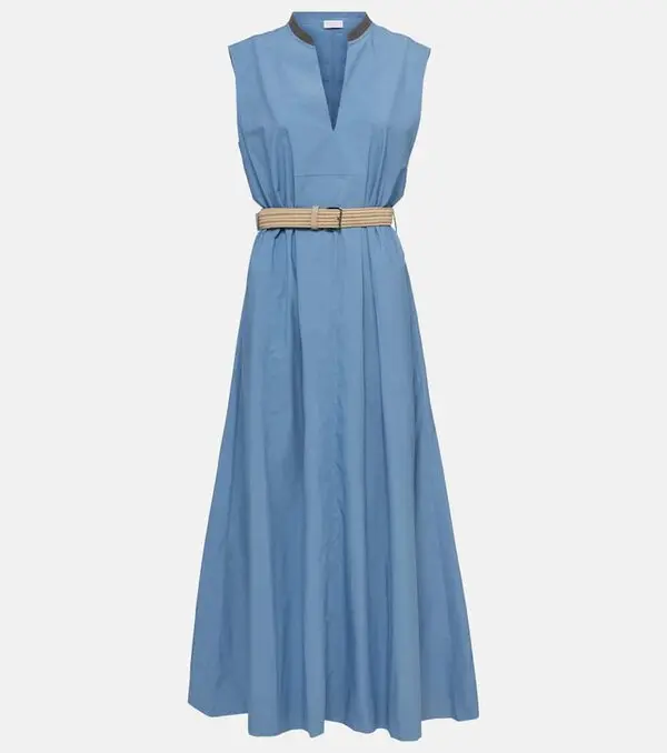 Brunello Cucinelli Embellished Cotton Poplin Maxi Dress - Blue