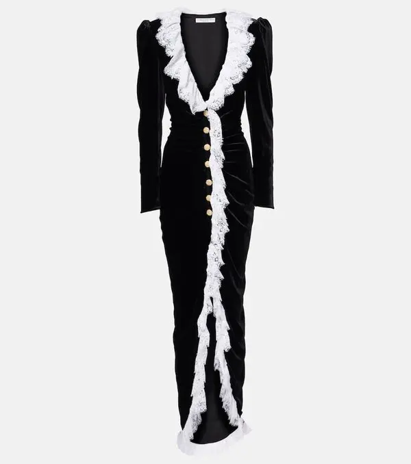 Alessandra Rich Lace-trimmed Velvet Maxi Dress - Black