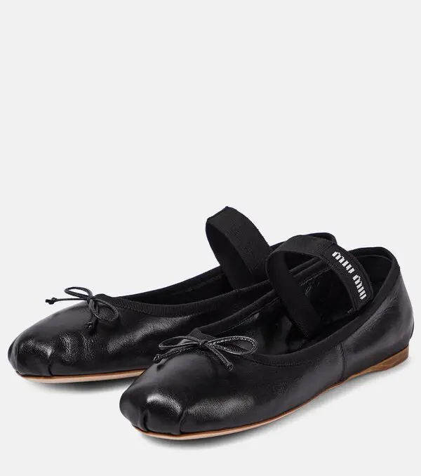 Miu Miu Logo Leather Ballet Flats - Black