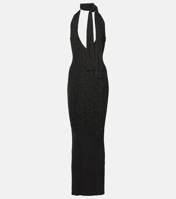 AYA MUSE Scarf-detail Metallic Knit Maxi Dress - Black