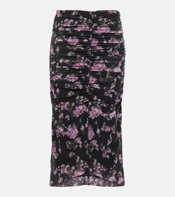 GANNI Floral Ruched Mesh Midi Skirt