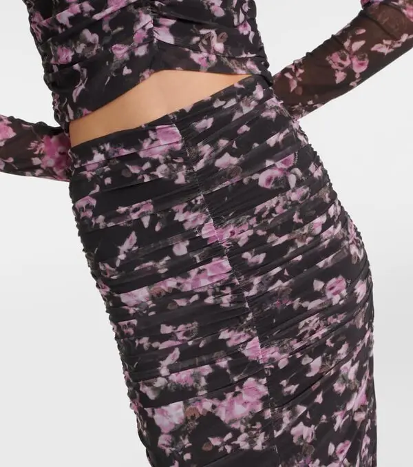 GANNI Floral Ruched Mesh Midi Skirt