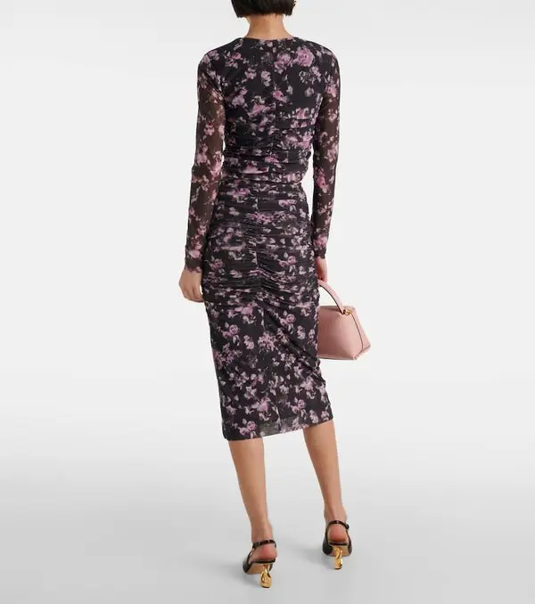 GANNI Floral Ruched Mesh Midi Skirt