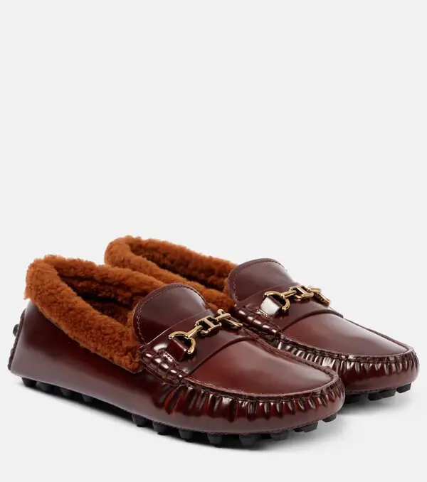 TOD'S Shearling-trimmed Leather Loafers - Brown