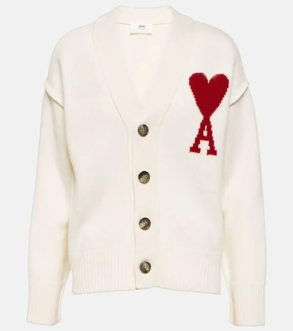 AMI Paris De Coeur Virgin Wool Cardigan - White