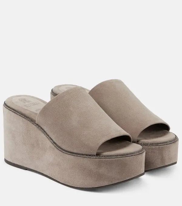 Brunello Cucinelli Suede Platform Slides
