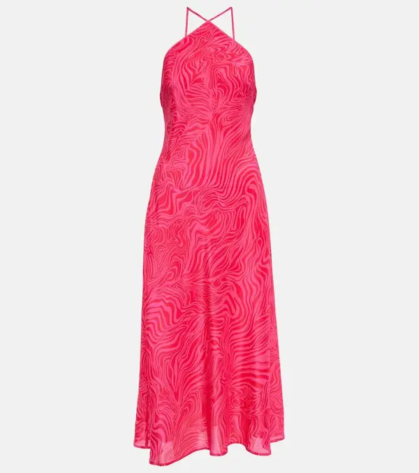 Rixo Opal Silk Halterneck Midi Dress - Pink