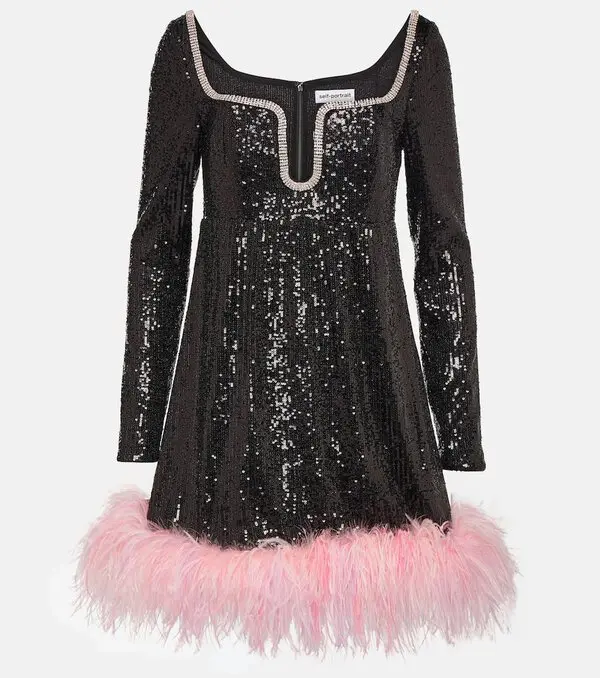 SELF-PORTRAIT Feather-trimmed Sequined Minidress