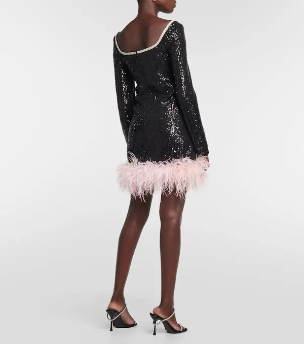 SELF-PORTRAIT Feather-trimmed Sequined Minidress