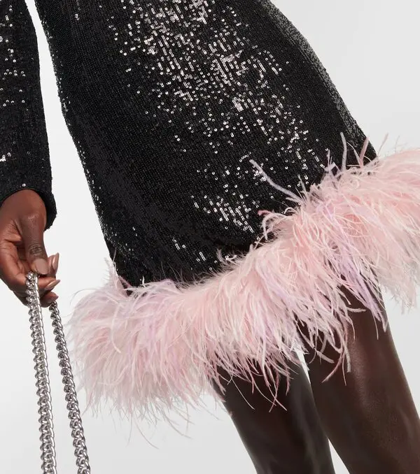 SELF-PORTRAIT Feather-trimmed Sequined Minidress
