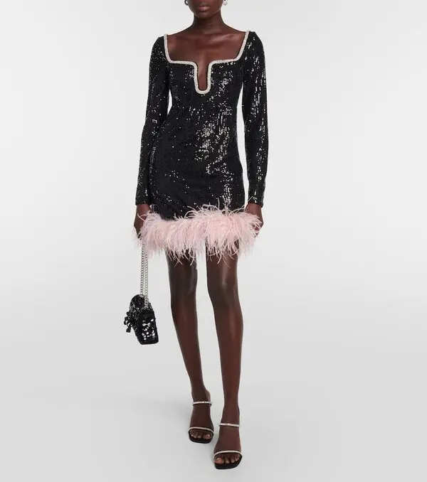 SELF-PORTRAIT Feather-trimmed Sequined Minidress