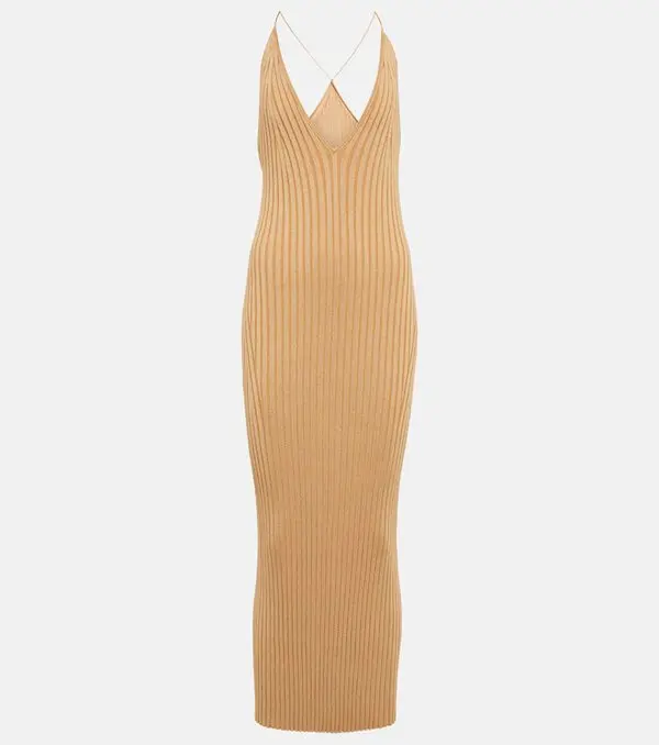 Galvan Rhea Rib-knit Halterneck Midi Dress - Beige