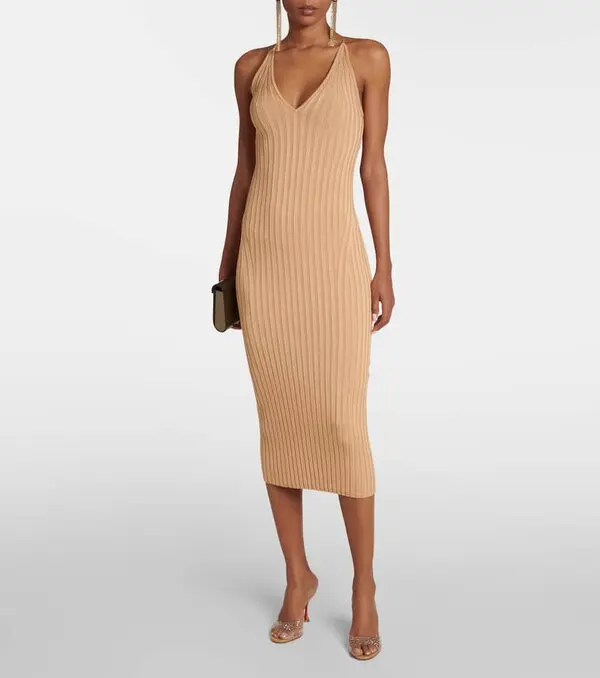 Galvan Rhea Rib-knit Halterneck Midi Dress - Beige