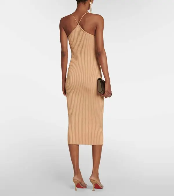 Galvan Rhea Rib-knit Halterneck Midi Dress - Beige