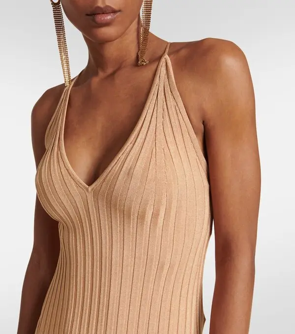 Galvan Rhea Rib-knit Halterneck Midi Dress - Beige